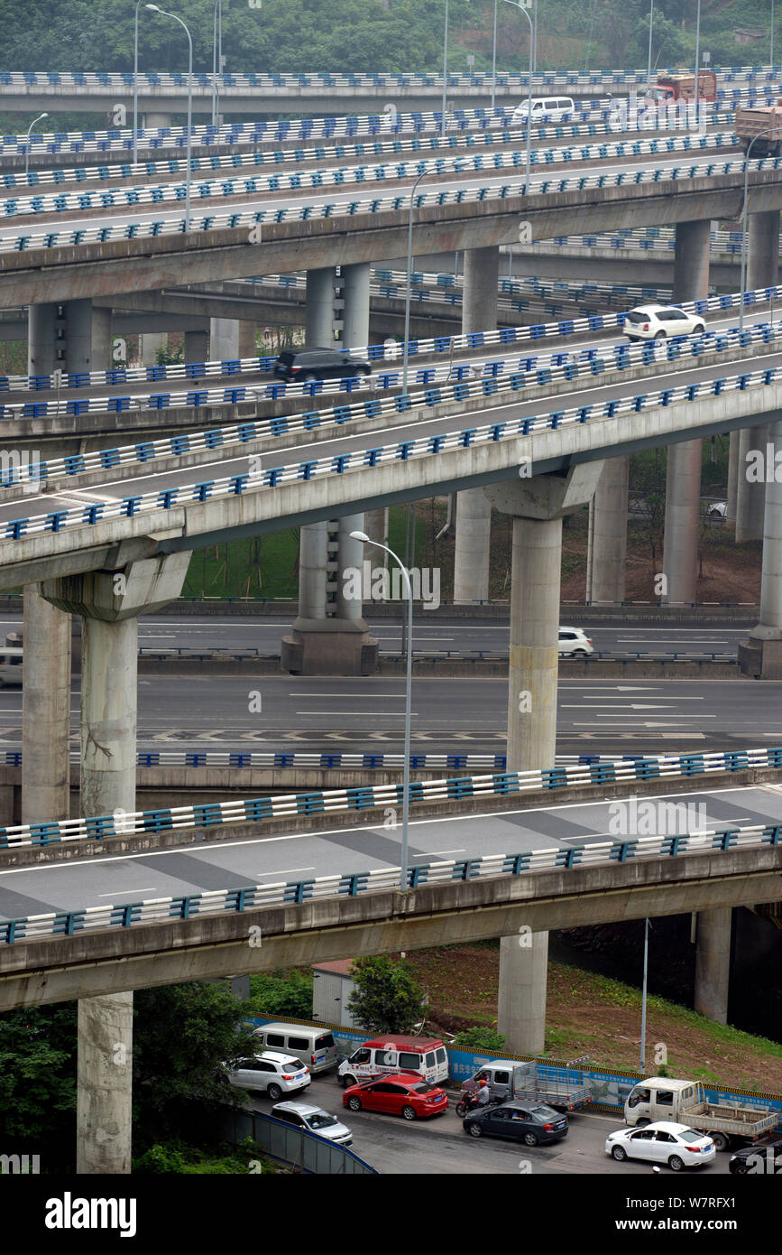 Aerial view of the five-story structure Huangjuewan Flyover in ...