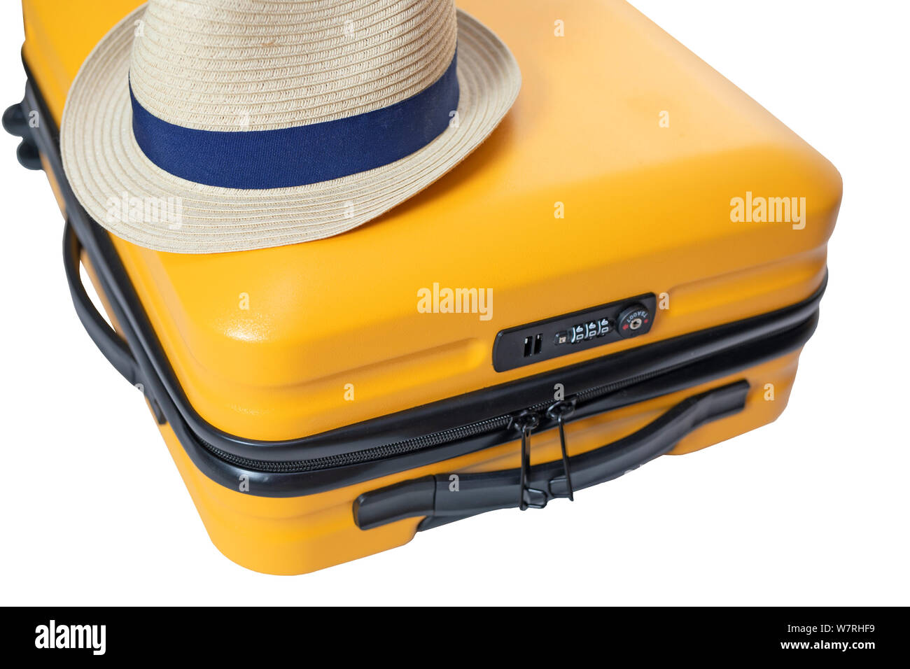 yellow suitcase with a combination lock with numbers 666 on it. Summer ...
