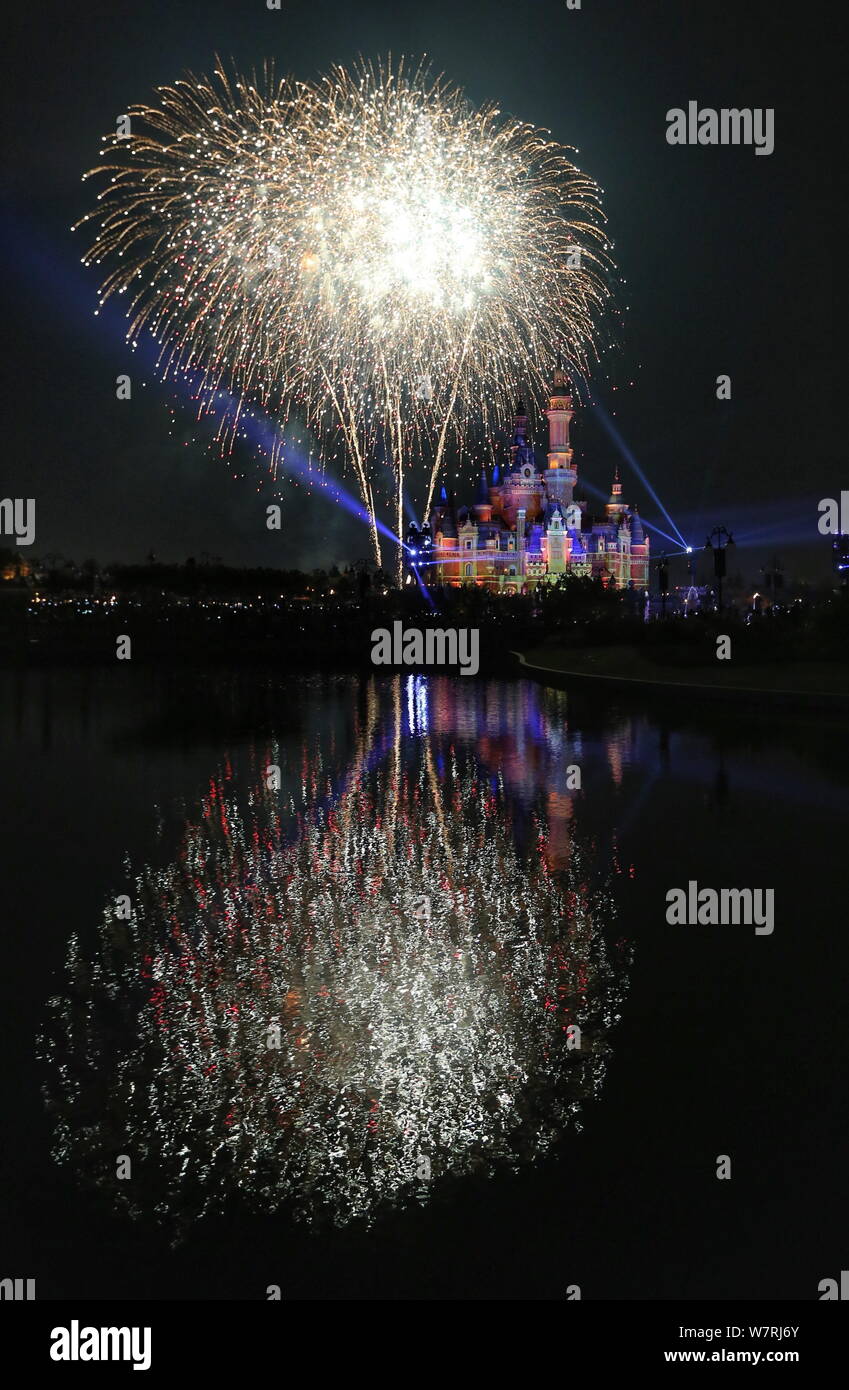 Fireworks explode over the Disney Castle during the first anniversary ...