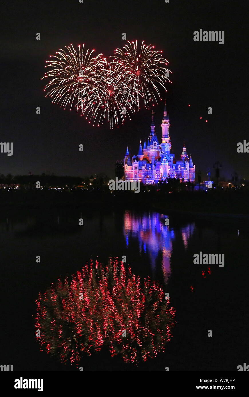 Fireworks explode over the Disney Castle during the first anniversary ...