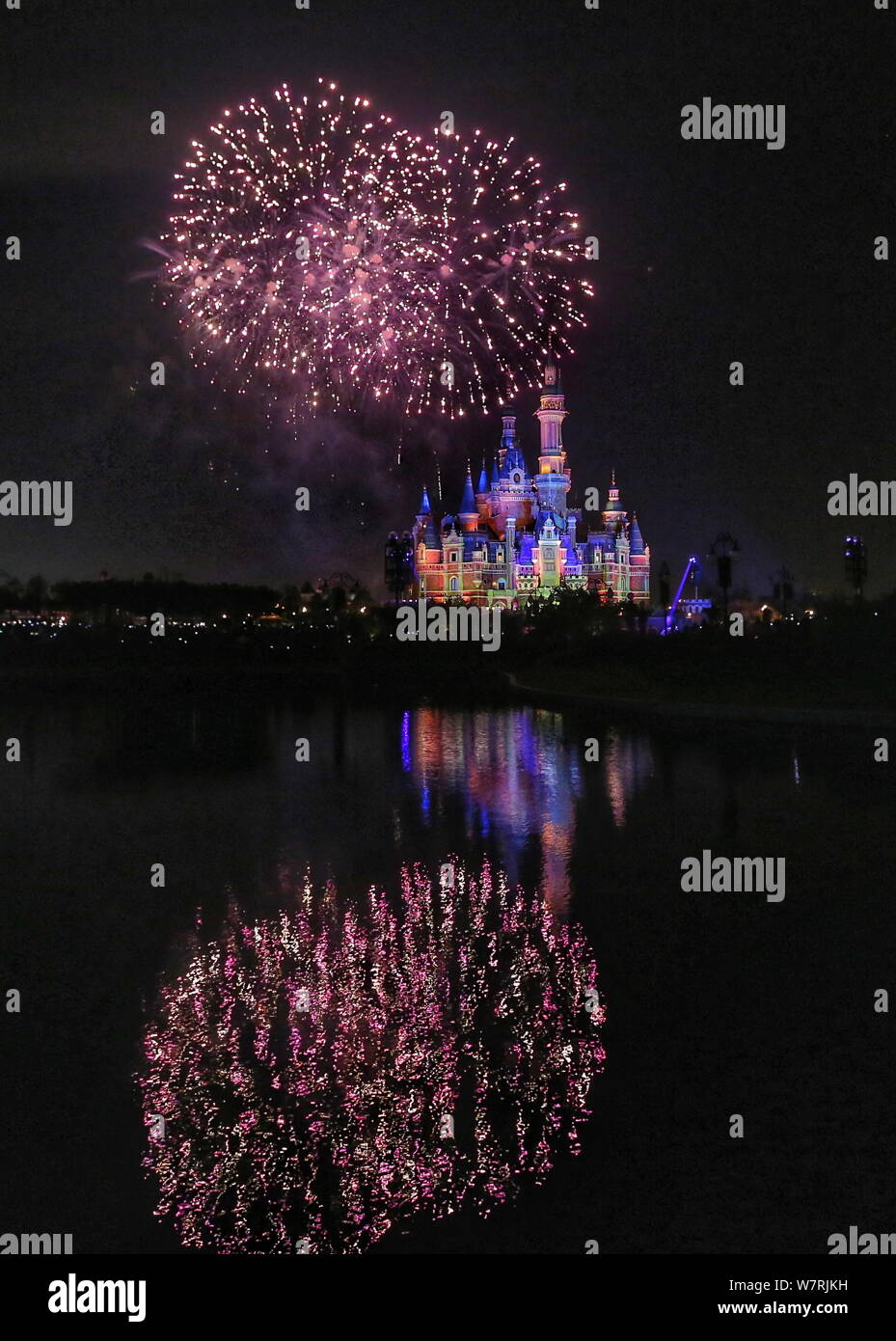 Fireworks explode over the Disney Castle during the first anniversary ...