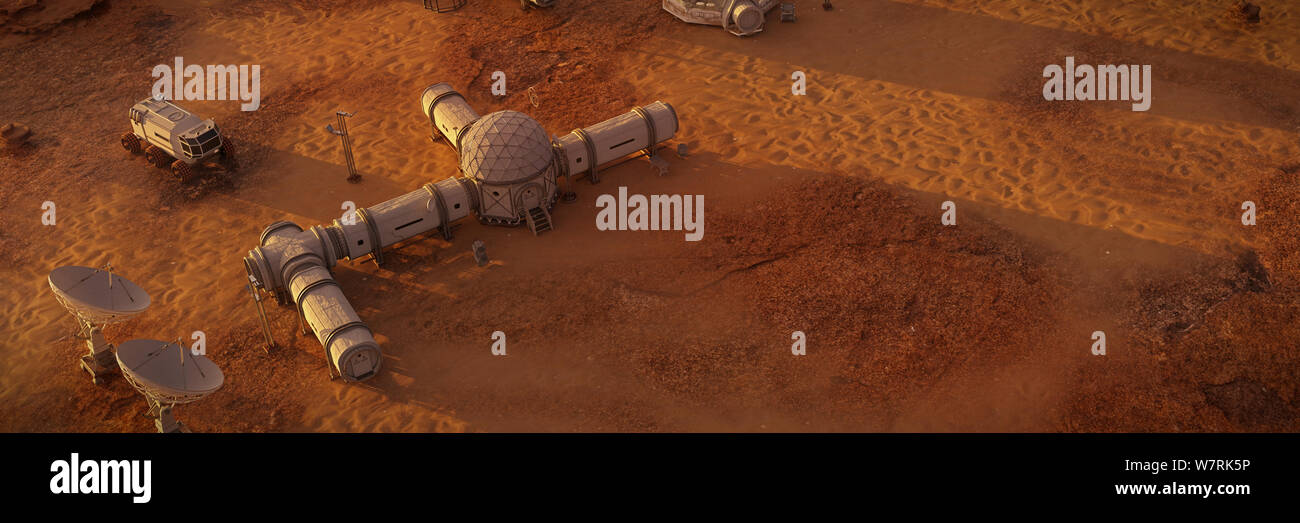 habitat on Mars, base in desert landscape on the red planet (3d science ...