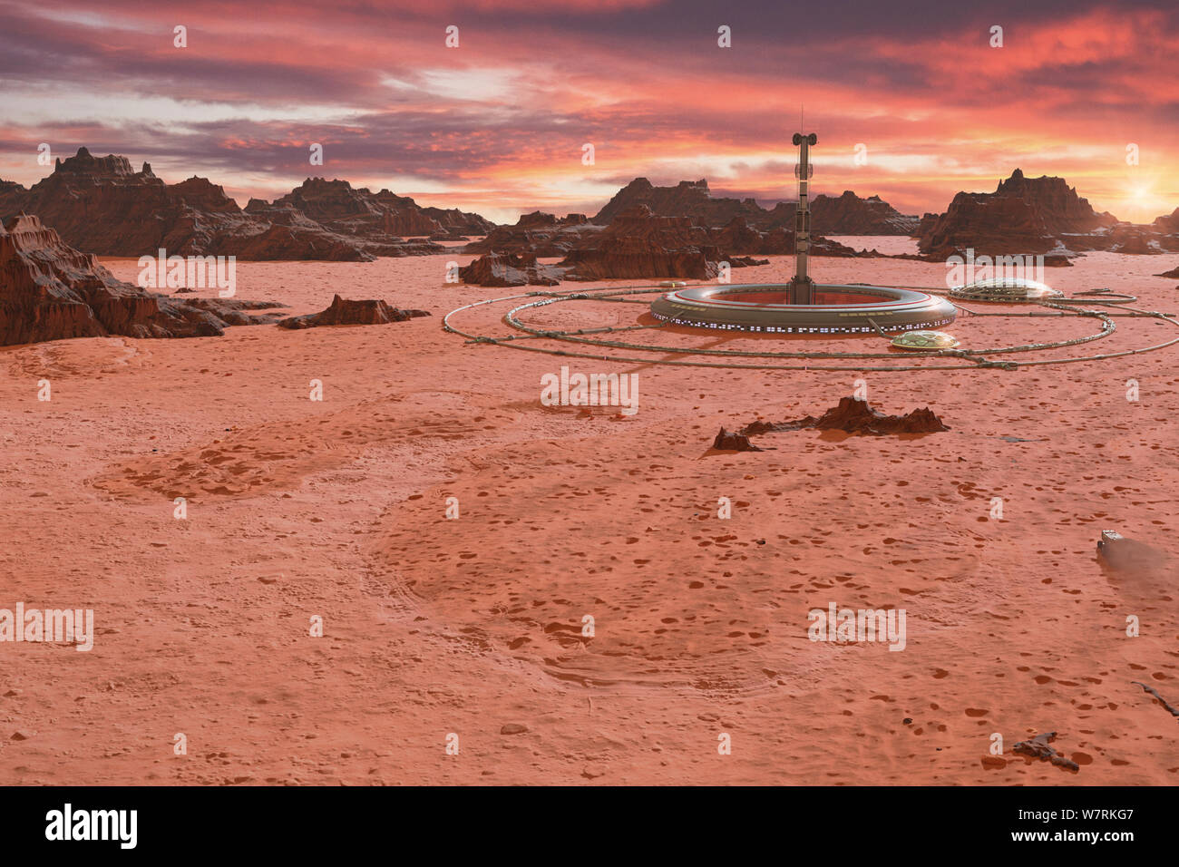 station on the surface of planet Mars, habitat in martian desert Stock ...