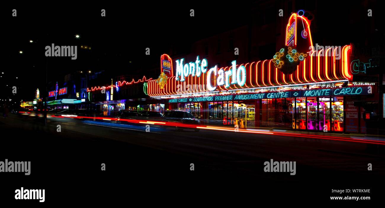 Southend-on-Sea at night, dark image showing the neon signs of the ...