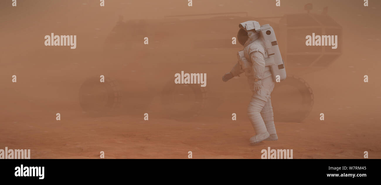 astronaut on planet Mars, explorer and vehicle surrounded by a ...