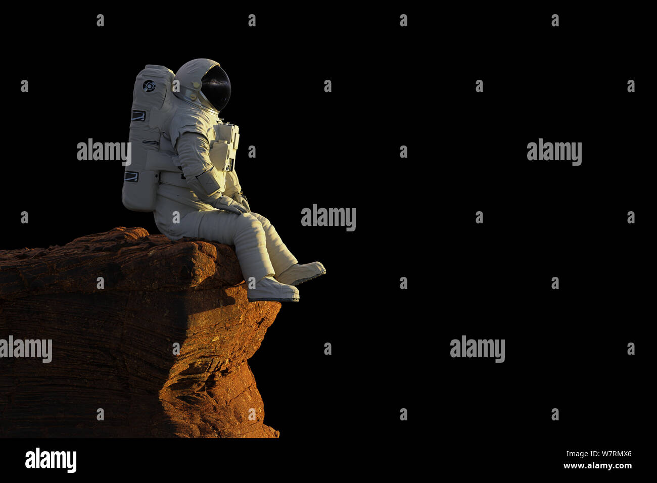 astronaut on planet Mars sitting on a cliff, isolated on black ...