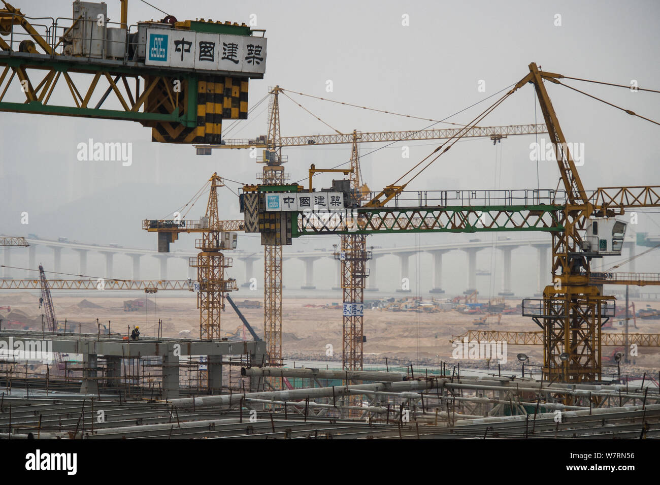 View of the construction site of world's longest cross-sea bridge, the ...