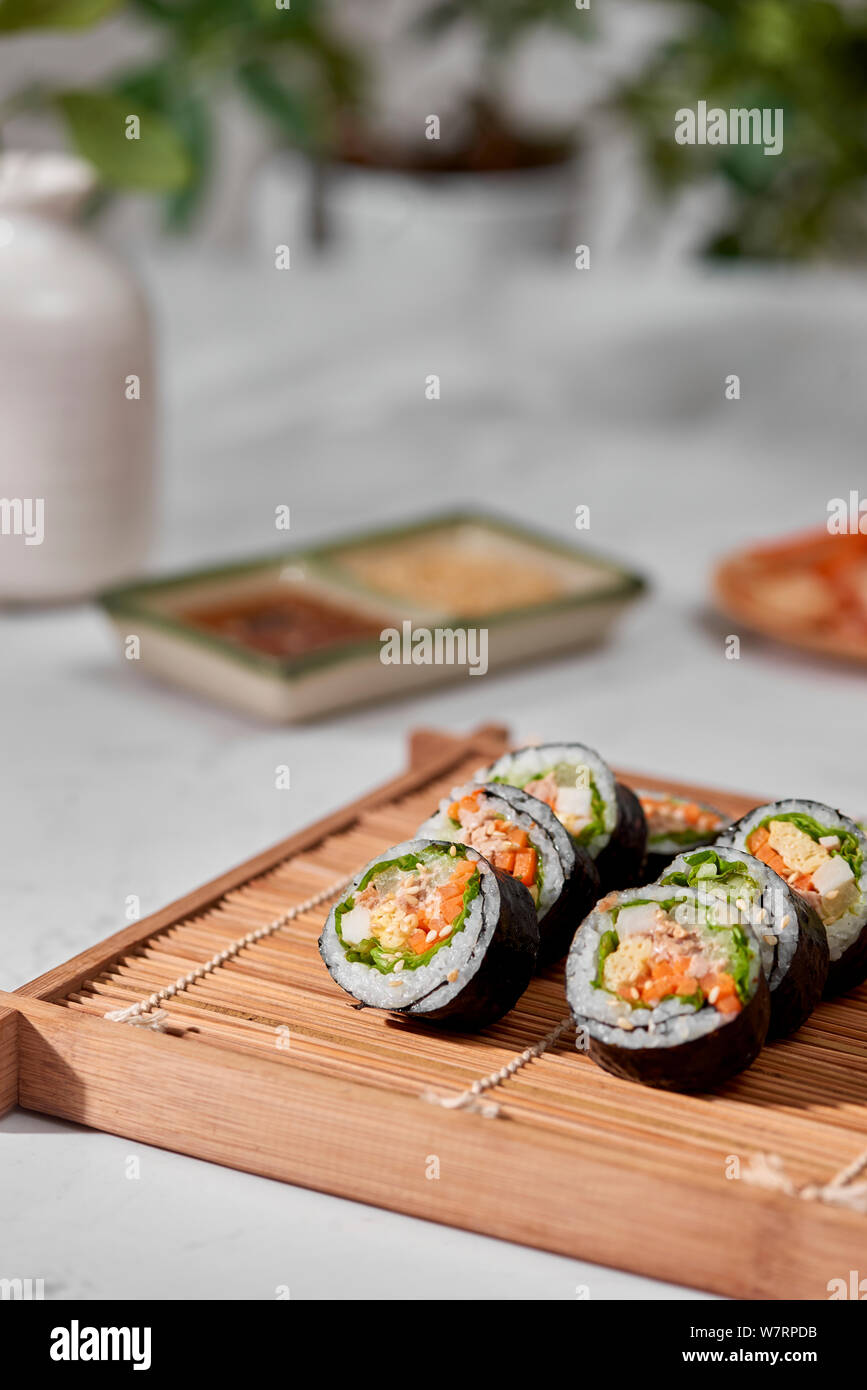 Korean roll Gimbap(kimbob) made from steamed white rice (bap) and ...