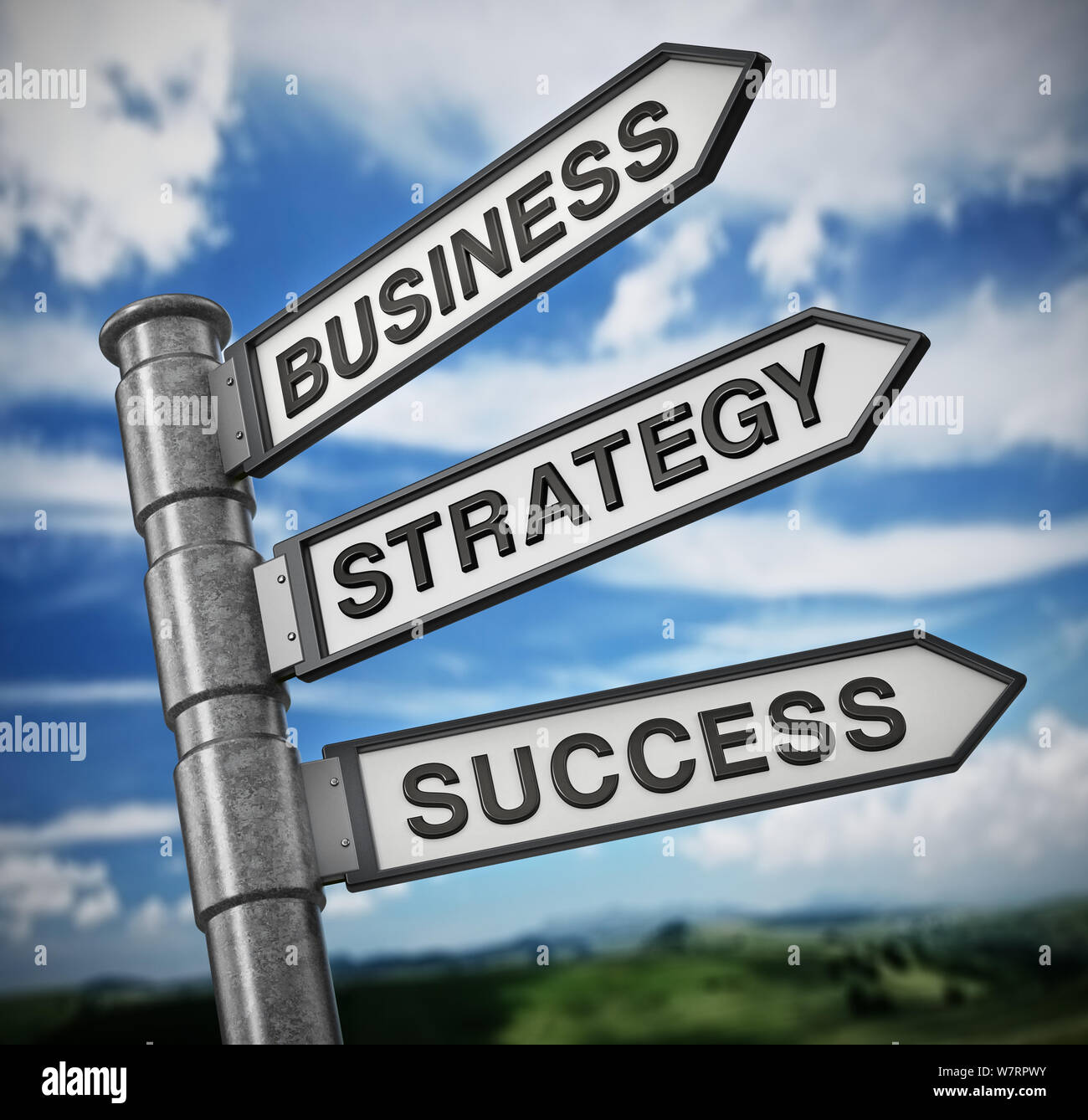 Business, strategy and success signboard against blue sky. 3D ...