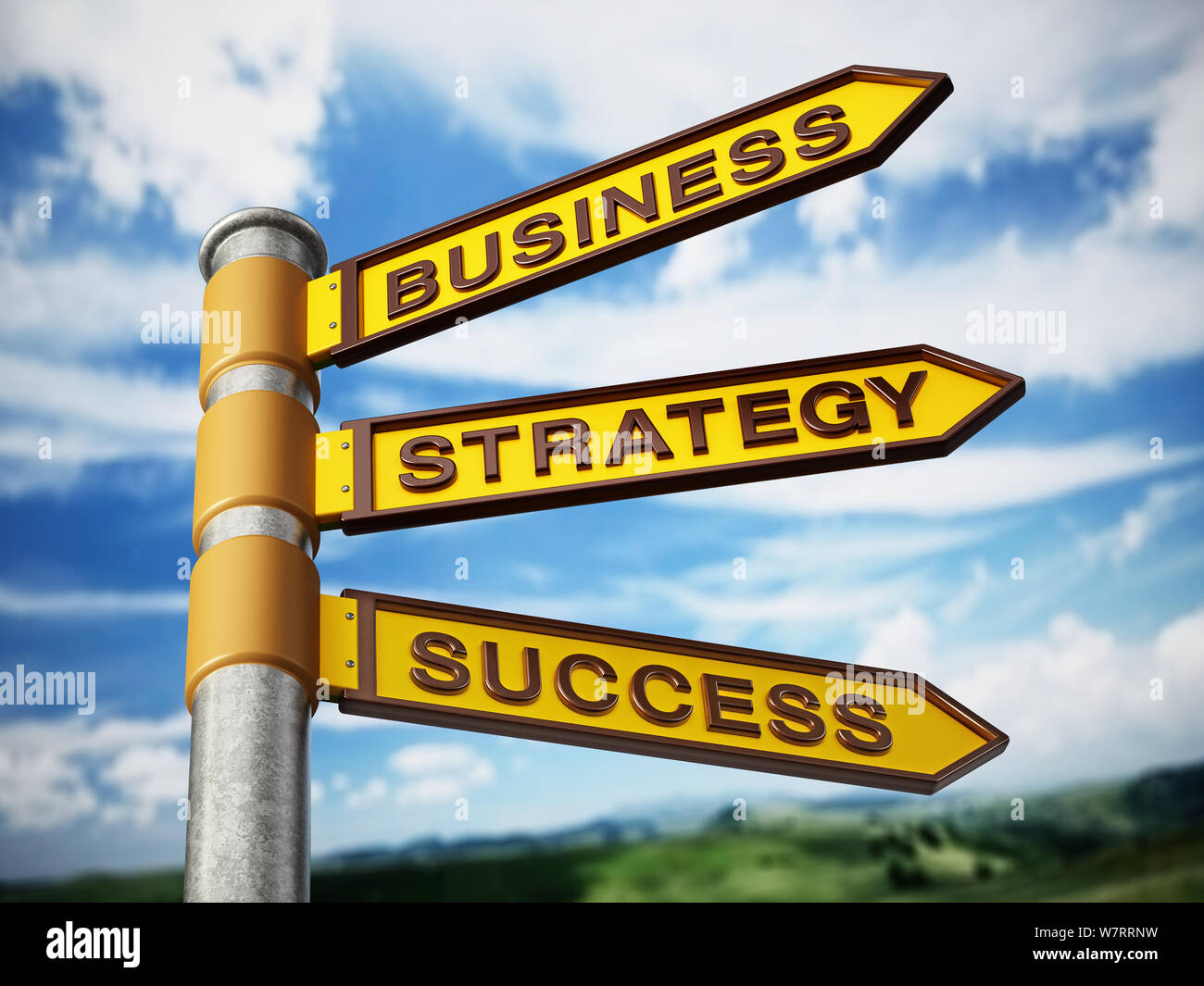 Business, strategy and success signboard against blue sky. 3D ...