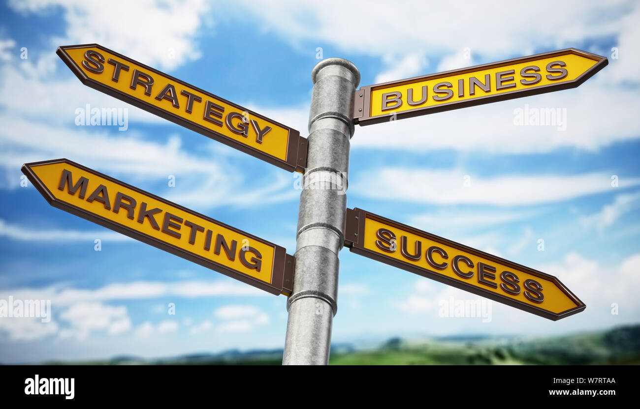 Business, strategy and success signboard against blue sky. 3D ...