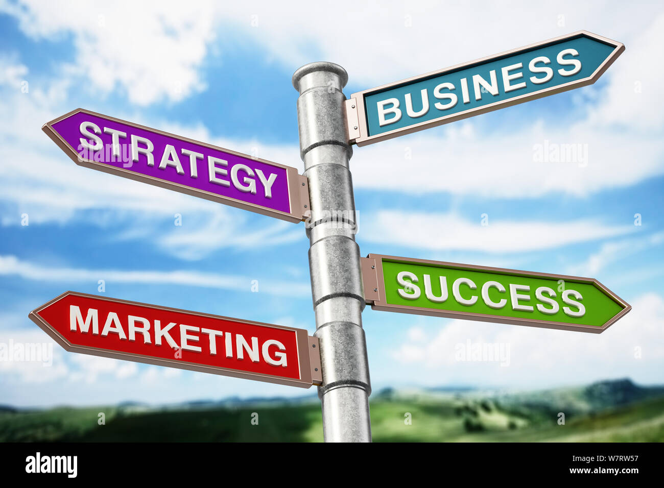 Business, strategy and success signboard against blue sky. 3D ...