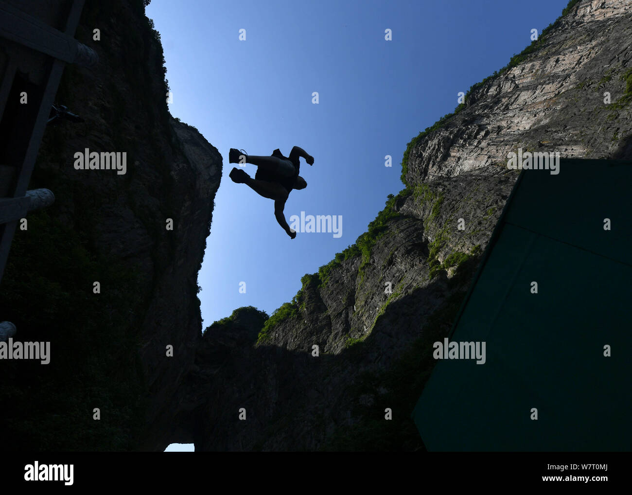 A free running athlete shows his parkour skills during the Skyladder ...