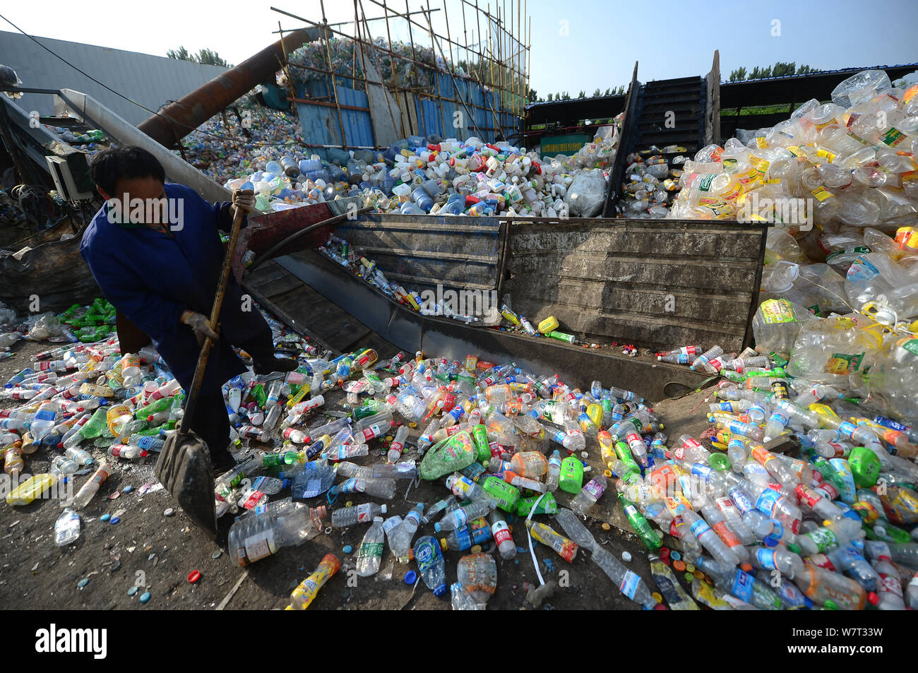 A Chinese worker clears plastic bottles at the plastic bottle recycling ...