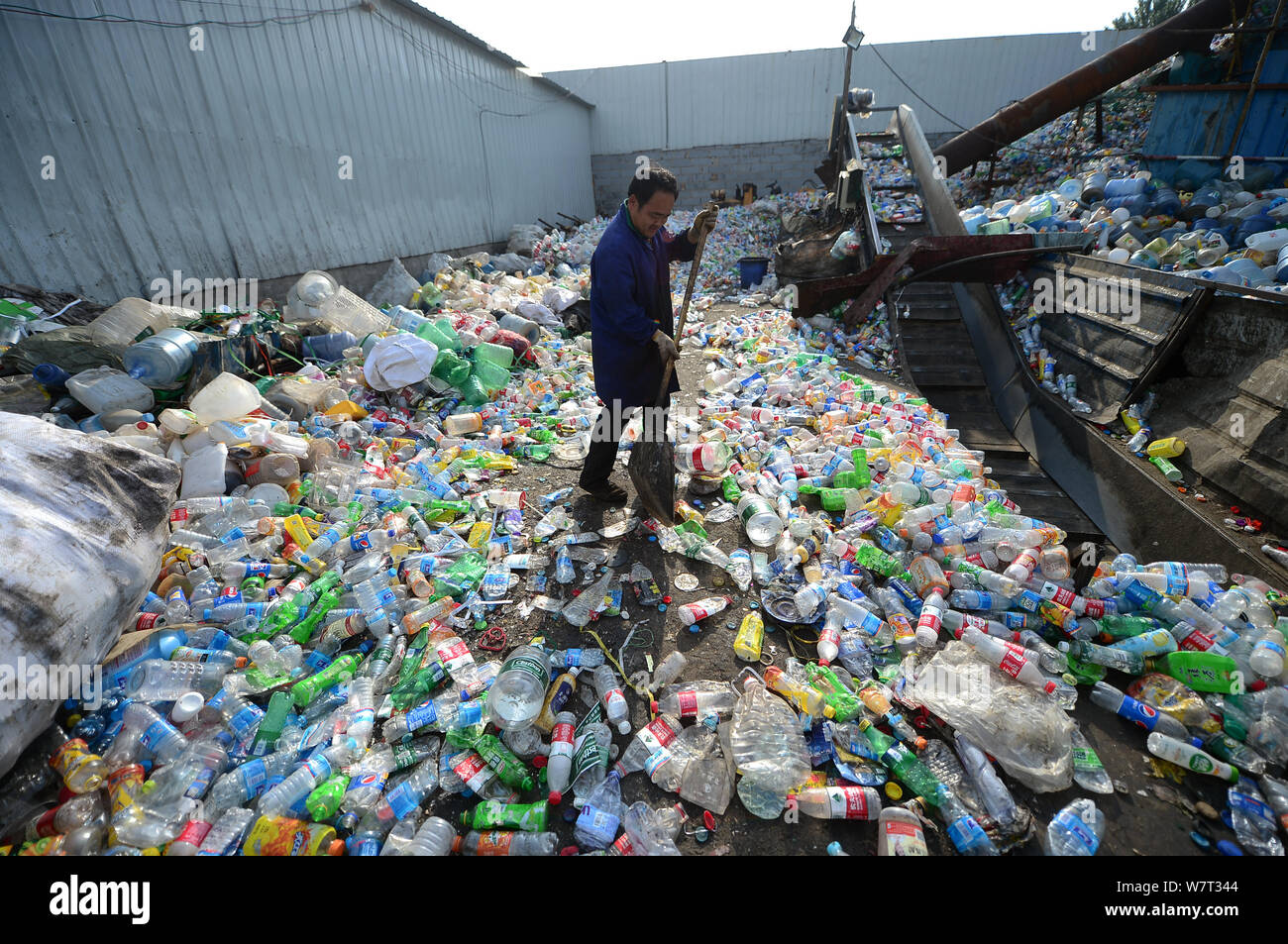 A Chinese worker clears plastic bottles at the plastic bottle recycling ...