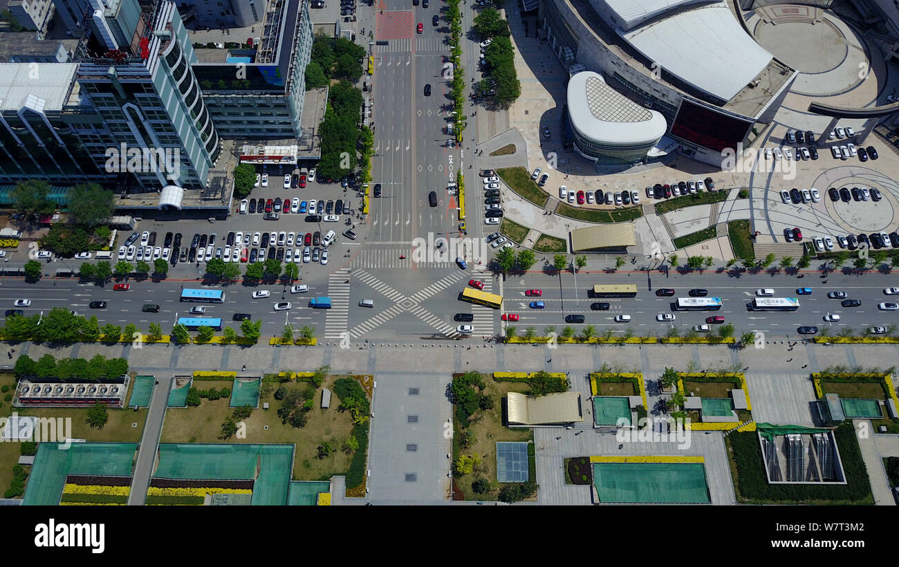 Aerial view of the X zebra crossing at the center of Fuda Road in ...