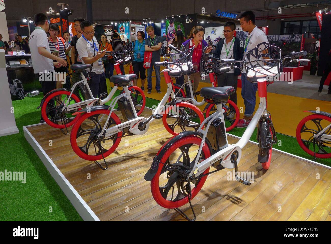 Bikes of Chinese bike-sharing service Gobike are on display during the ...