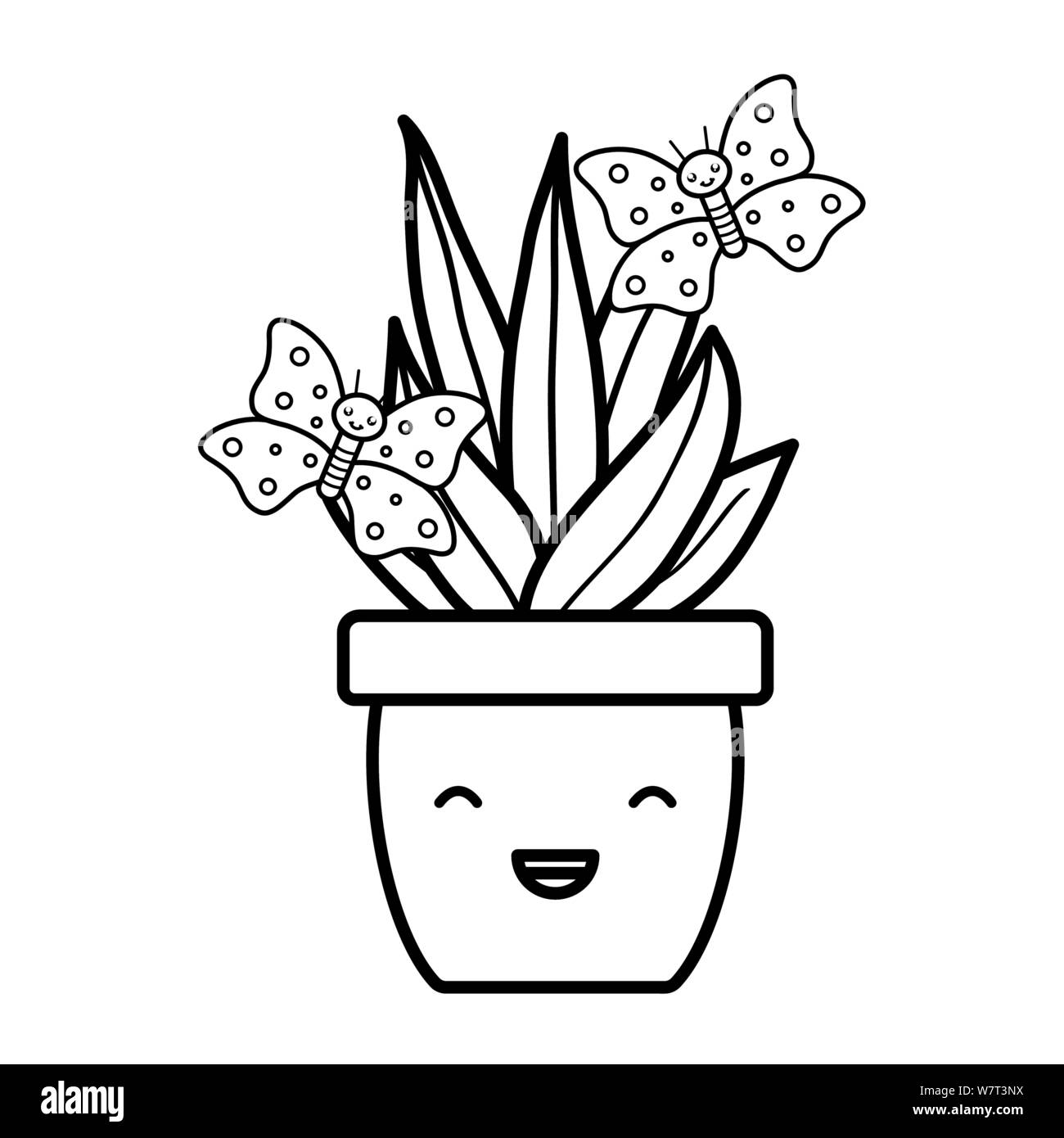 House Plant In Ceramic Pot With Butterflies Kawaii Style Vector