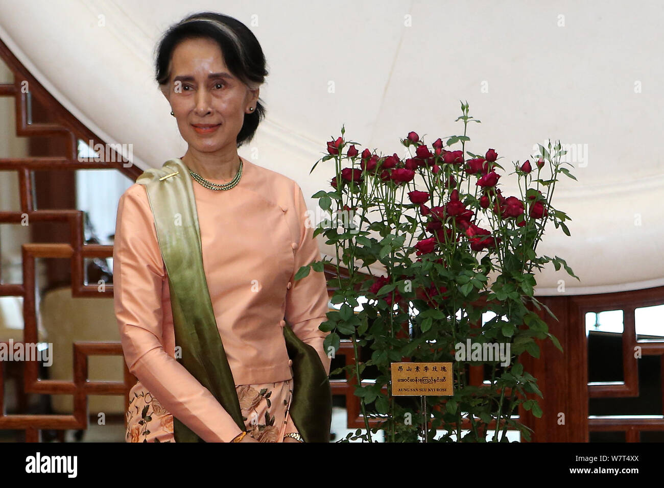 Myanmar State Counselor Daw Aung San Suu Kyi poses with a pot of roses ...