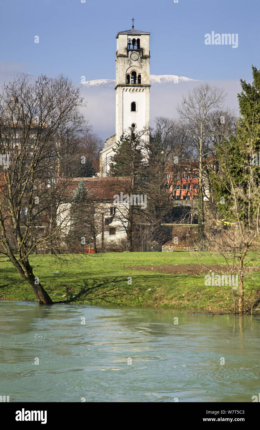 Church of St. Antun – clock tower (Sahat kula) in Bihac. Bosnia and ...