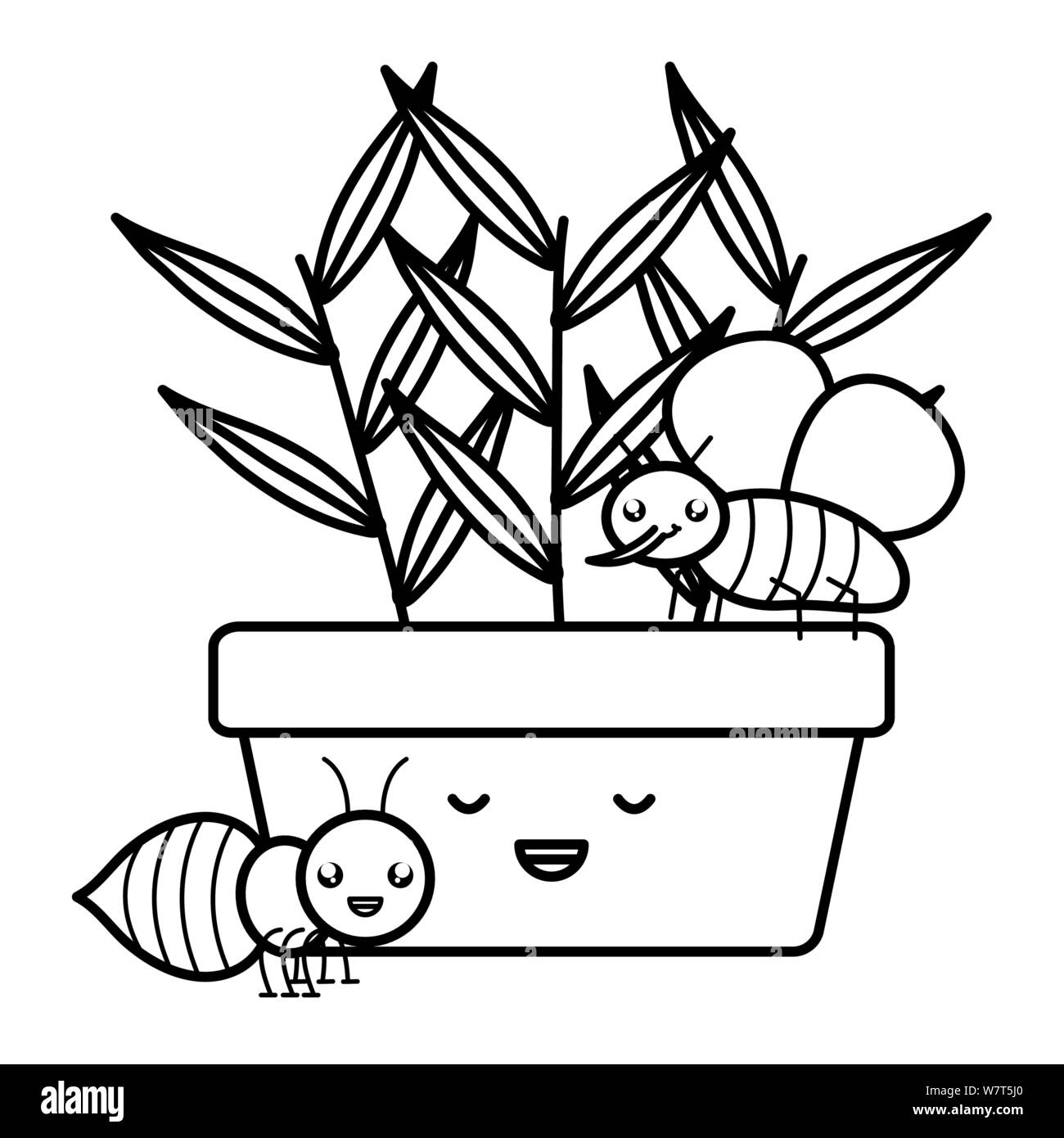 house plant in ceramic pot with insects flying kawaii style vector ...
