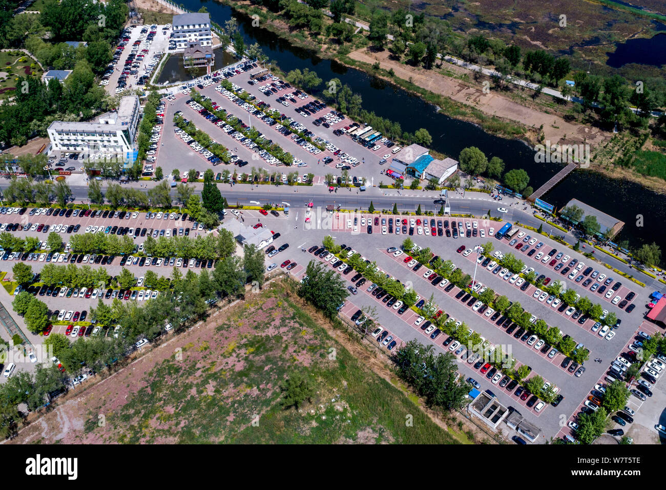 Aerial view of vehicles in the parking lot of the Baiyangdian Lake ...