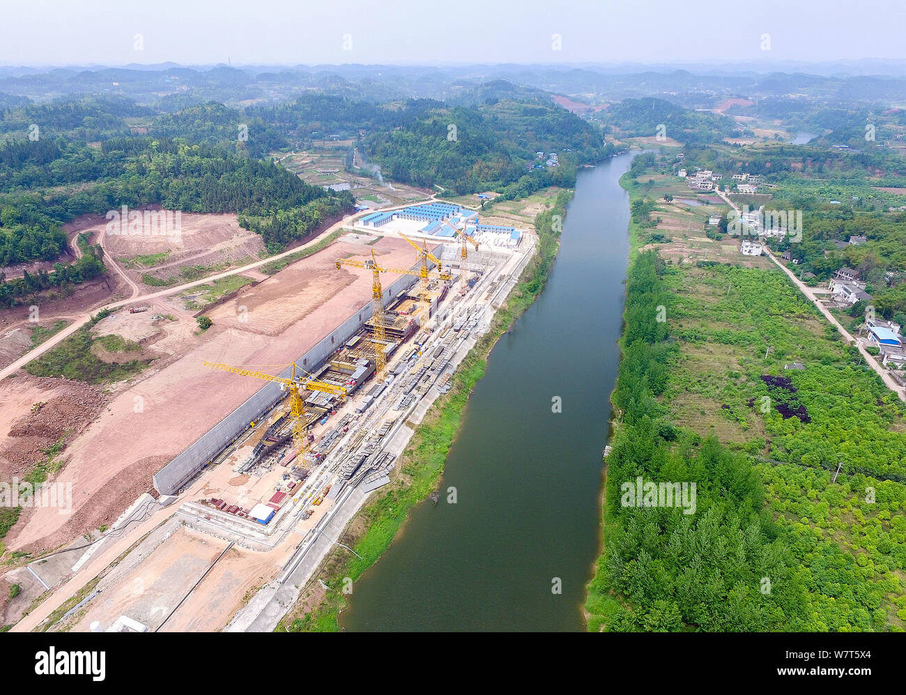 Aerial view of the construction site of a full-scale replica of the ...