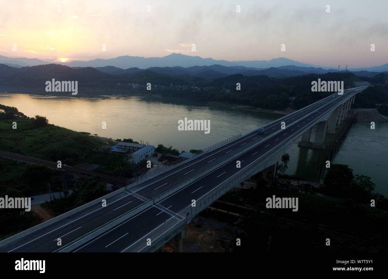 Aerial view of the Fushi Rongjiang Bridge of the Sanliu Expressway ...