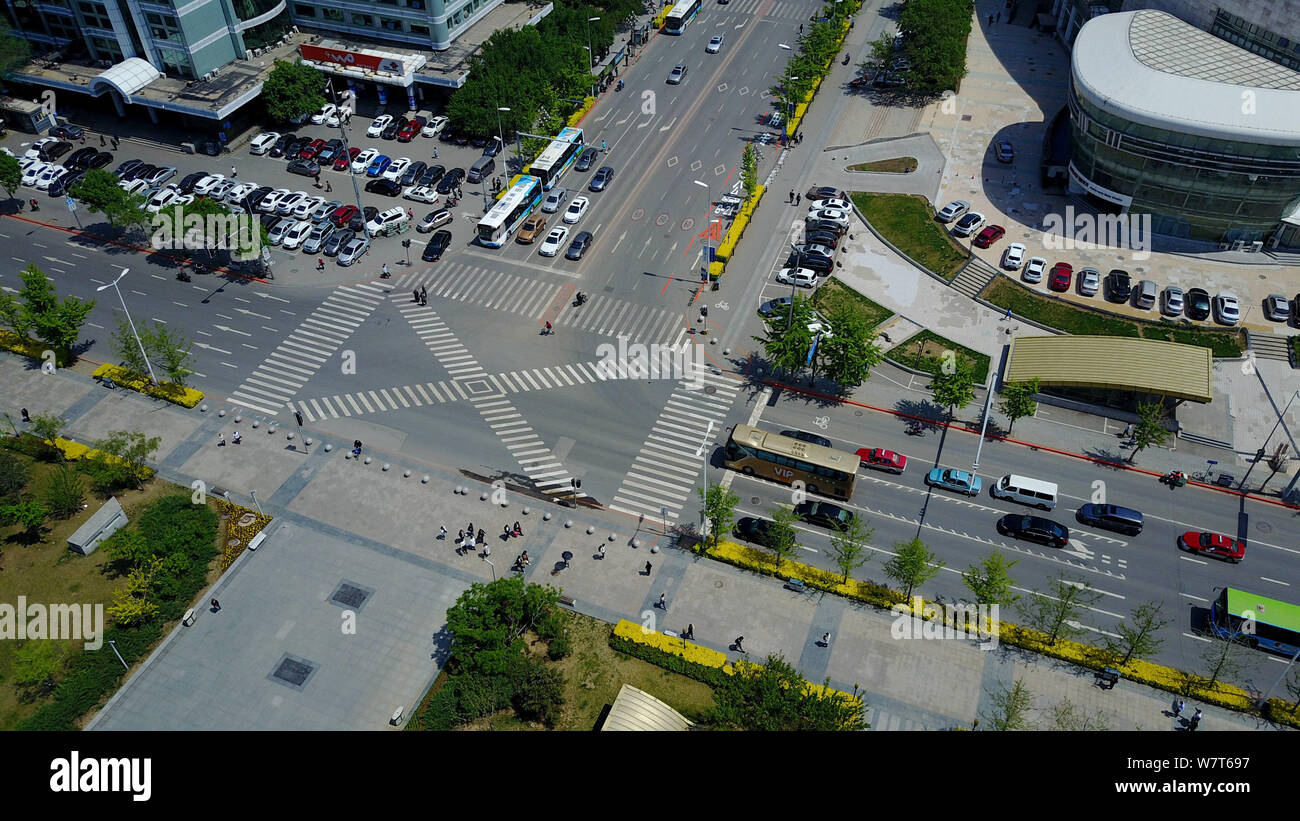 Aerial view of the X zebra crossing at the center of Fuda Road in ...
