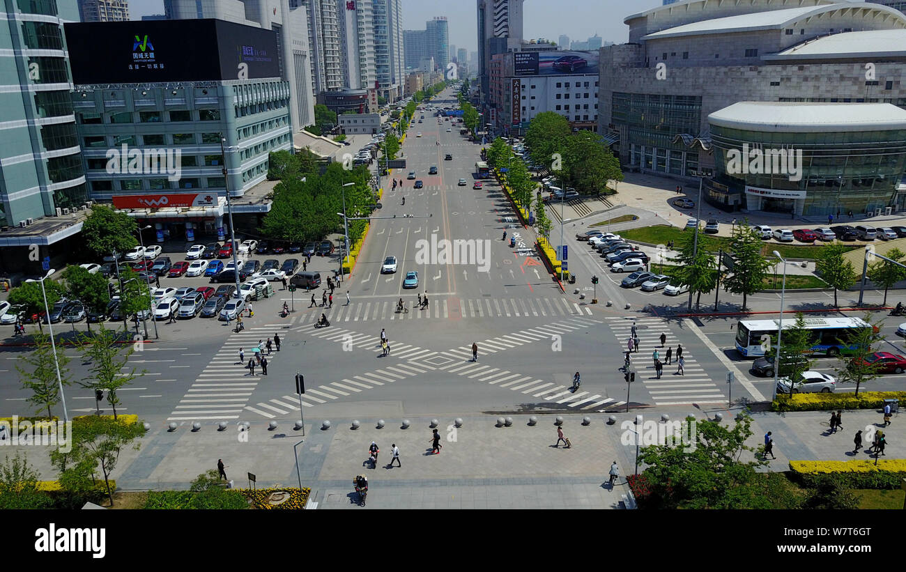 Aerial view of the X zebra crossing at the center of Fuda Road in ...