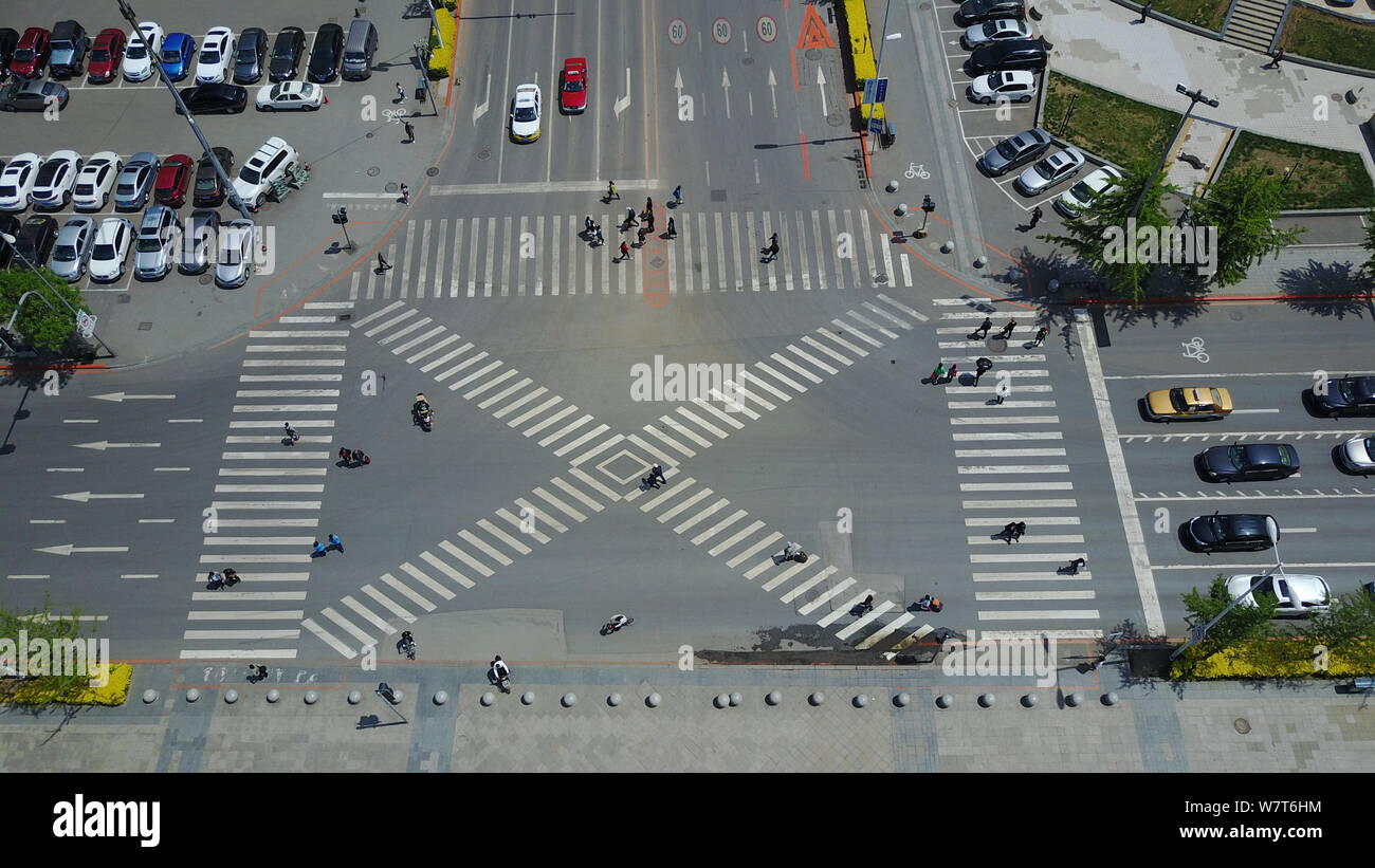 Aerial view of the X zebra crossing at the center of Fuda Road in ...