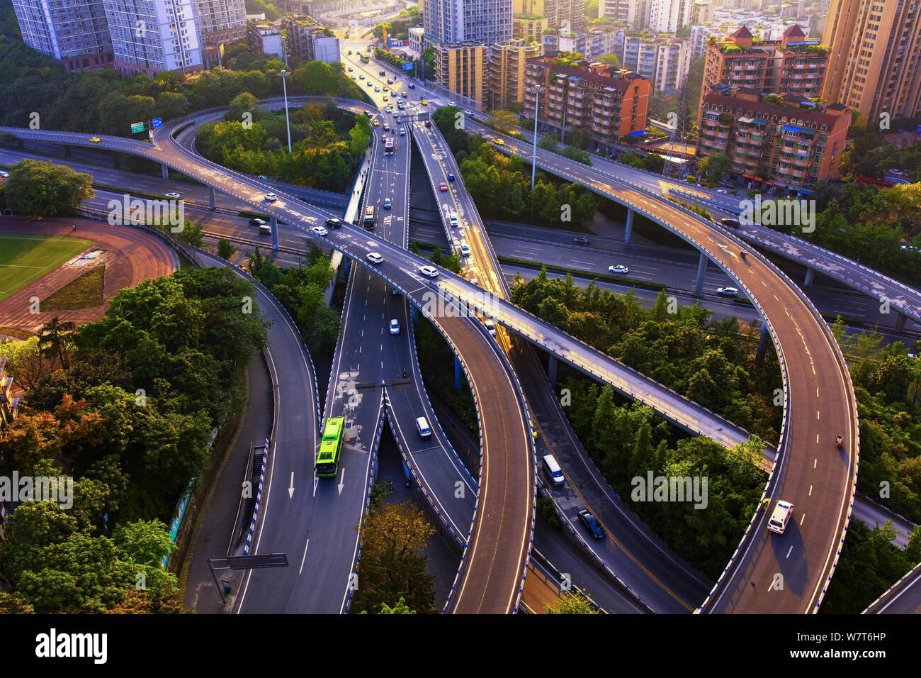 Aerial view of the crossings of the Yanggong Overpass in Chongqing ...