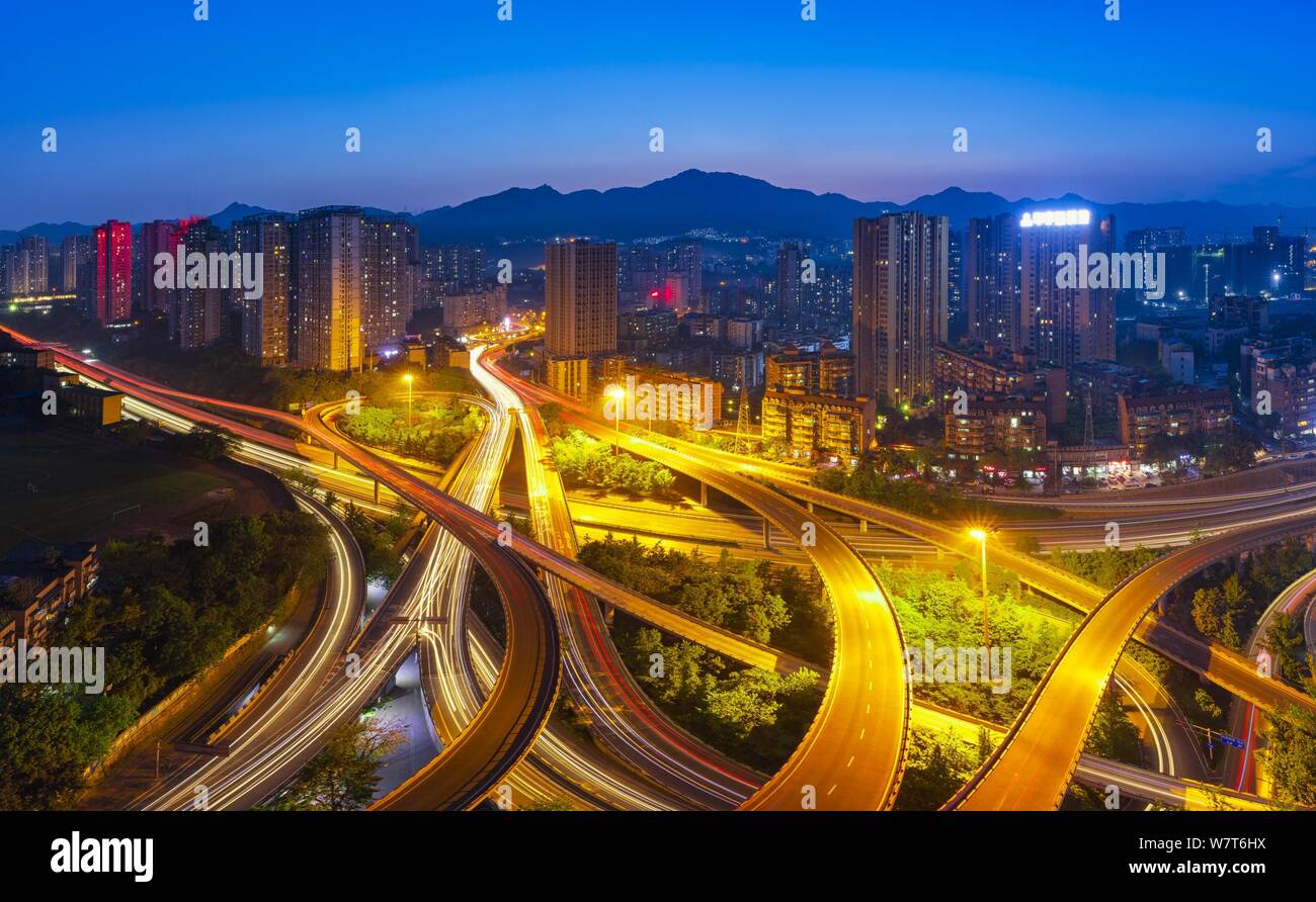 Aerial view of the crossings of the Yanggong Overpass in Chongqing ...