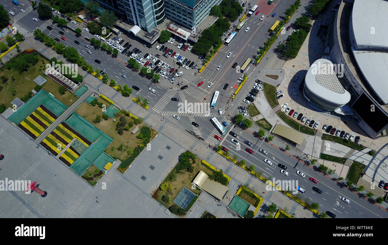 Aerial view of the X zebra crossing at the center of Fuda Road in ...