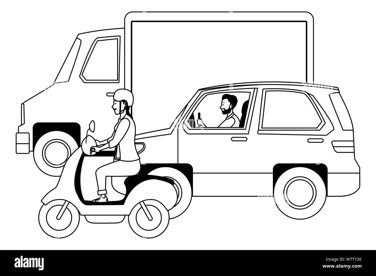 Vehicles and motorcycle with drivers riding in black and white Stock ...