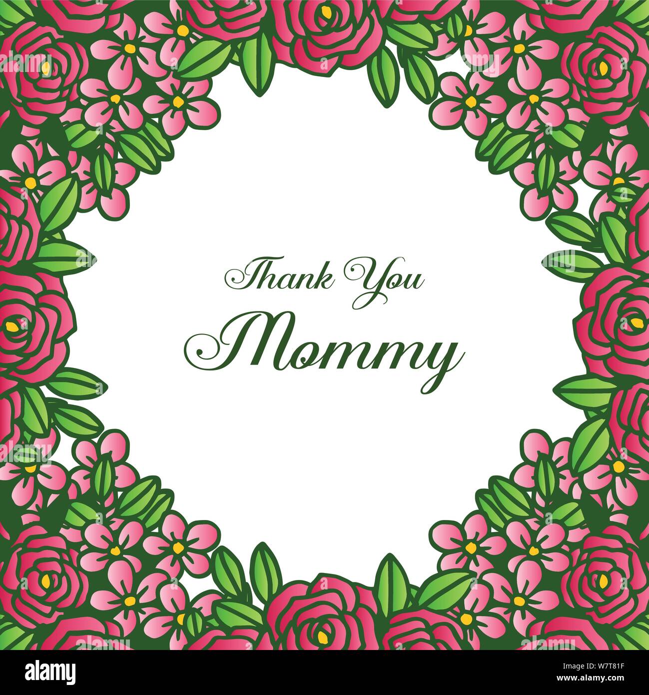 Shape Of Card Thank You Mommy With Ornament Green Leafy Wreath Frame Vector Illustration Stock