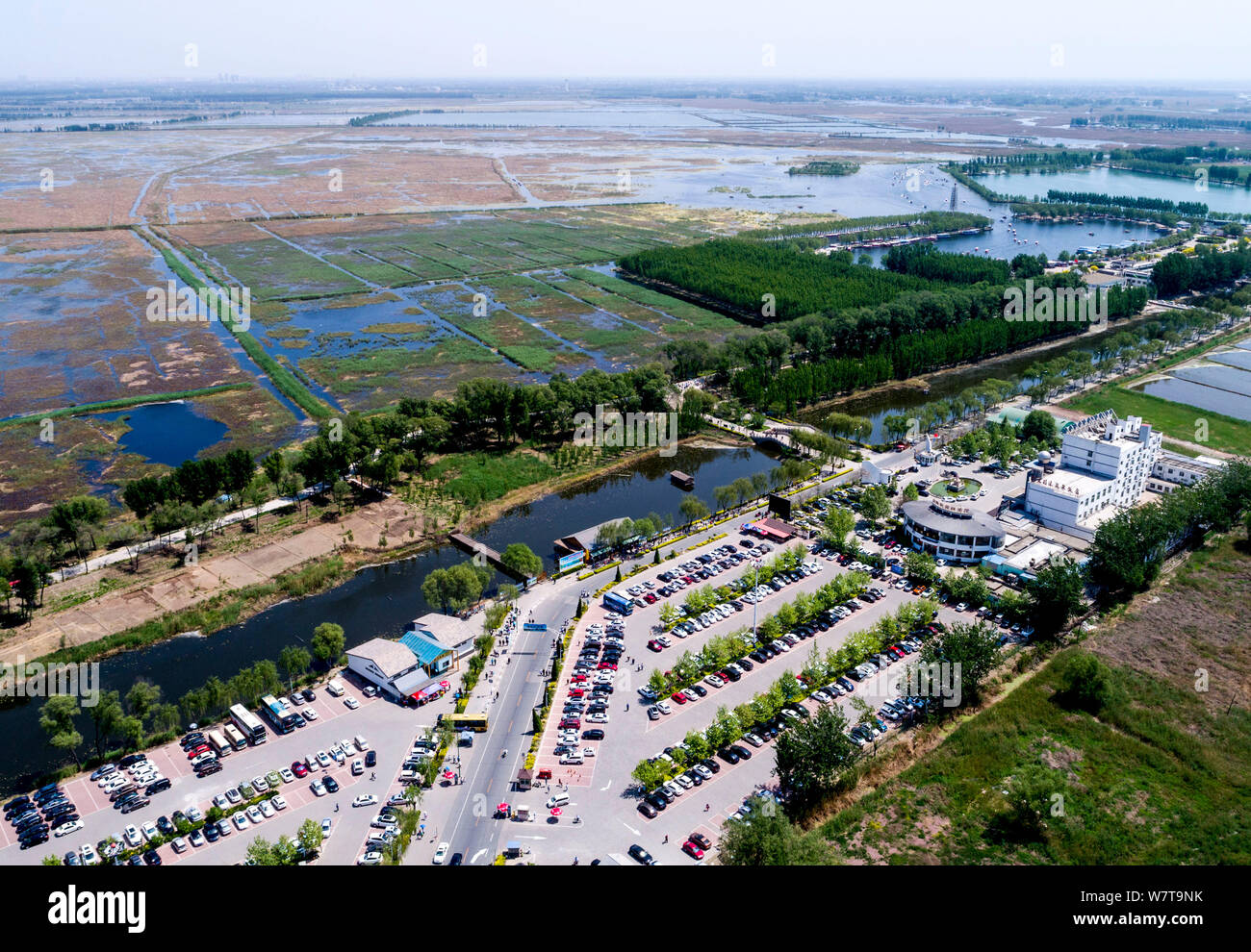 Aerial view of vehicles in the parking lot of the Baiyangdian Lake ...