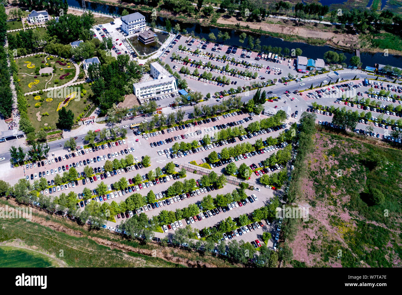 Aerial view of vehicles in the parking lot of the Baiyangdian Lake ...