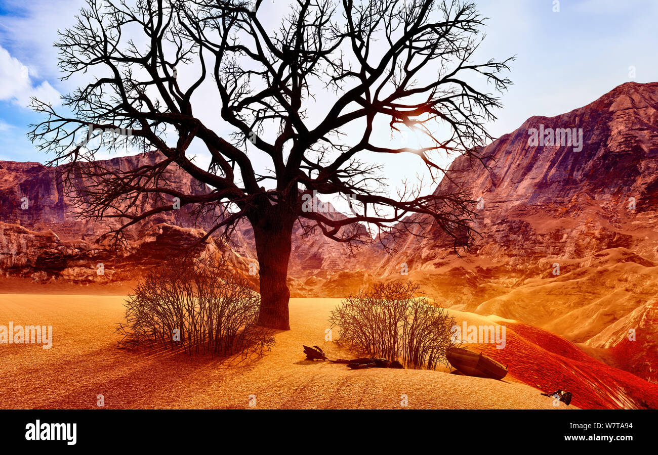 Solitary dead tree in desert 3d illustration Stock Photo - Alamy
