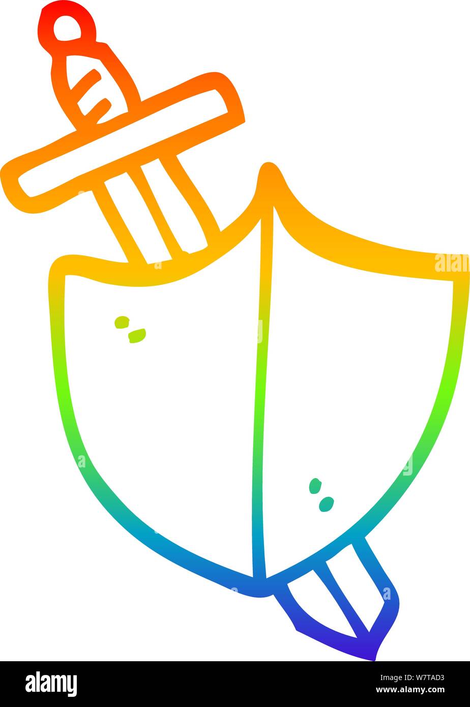 rainbow gradient line drawing of a cartoon sword and shield Stock ...