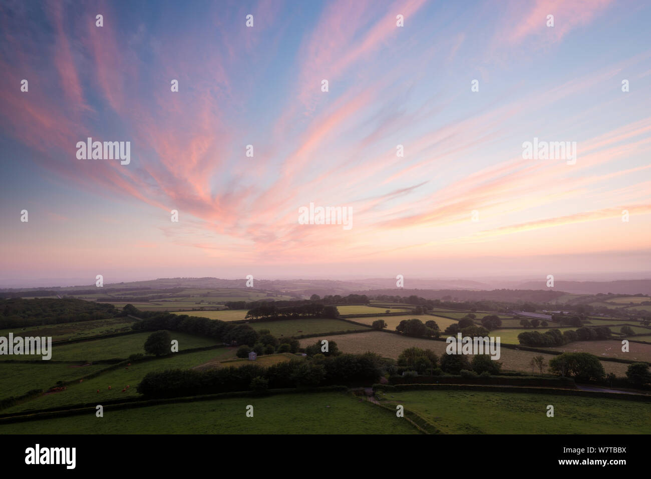 Devon countryside from Brentor church at sunset, near Tavistock, Devon ...