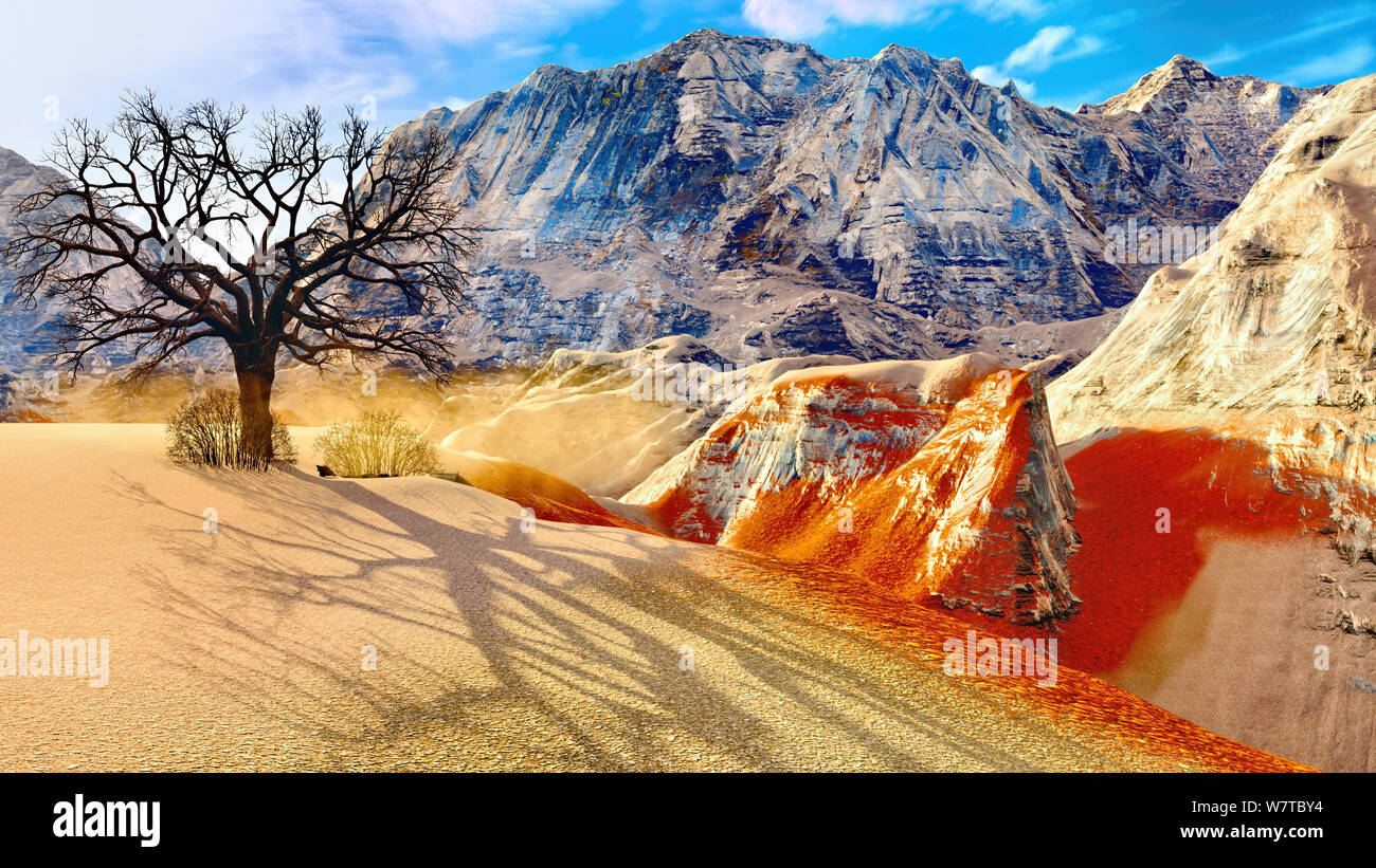 Solitary dead tree in desert 3d illustration Stock Photo - Alamy