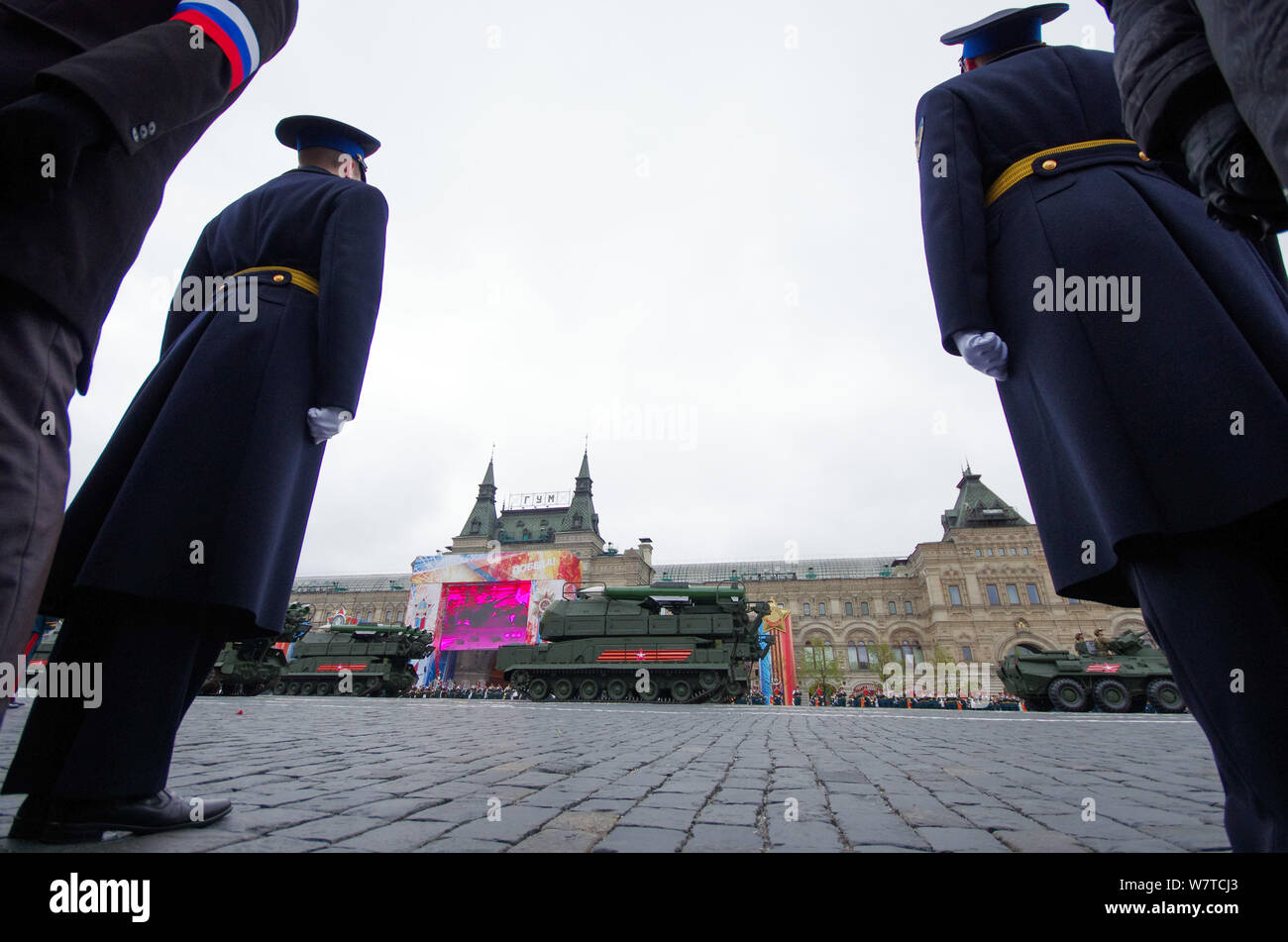Russian soldiers in T-14 Armata battle tanks march along the Red Square ...