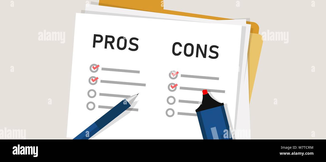 pros cons concept on decision making process. Listing positive and ...