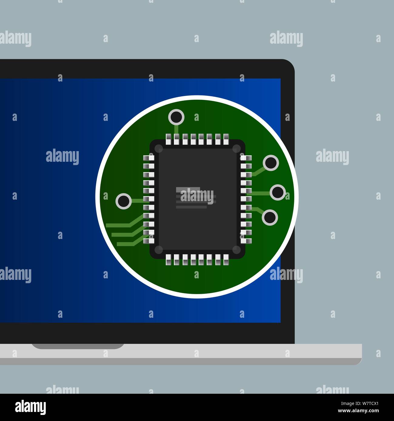 Chip processor CPU on laptop computer flat illustration concept ...