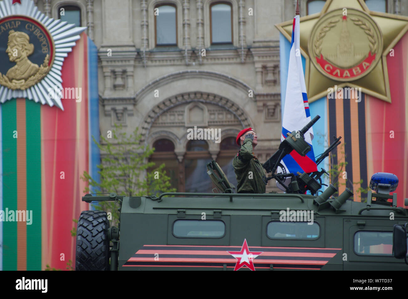 A Russian soldier in a T-14 Armata battle tank marches along the Red ...