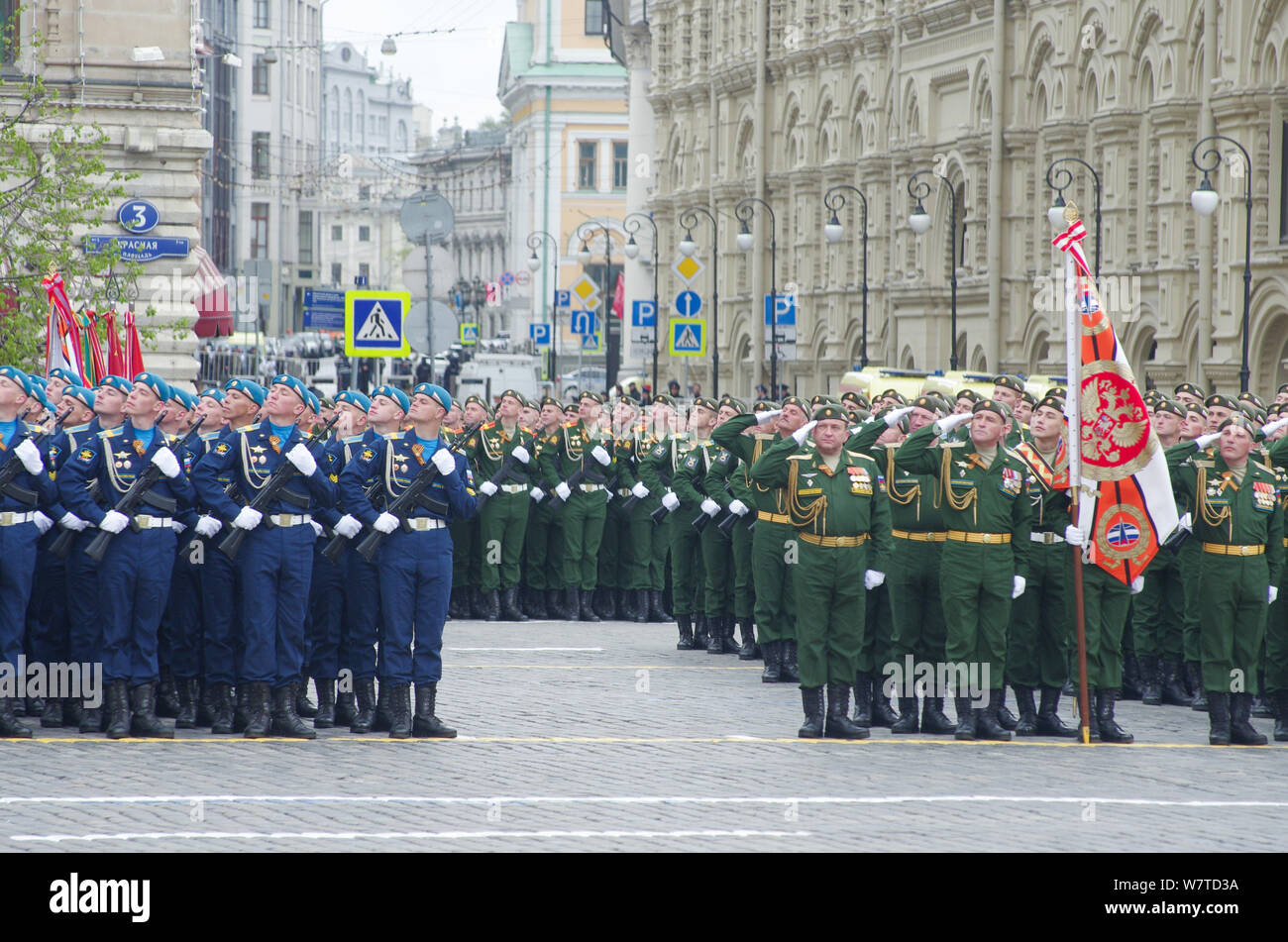 Soldiers stand in formation along the Red Square during the Victory Day ...