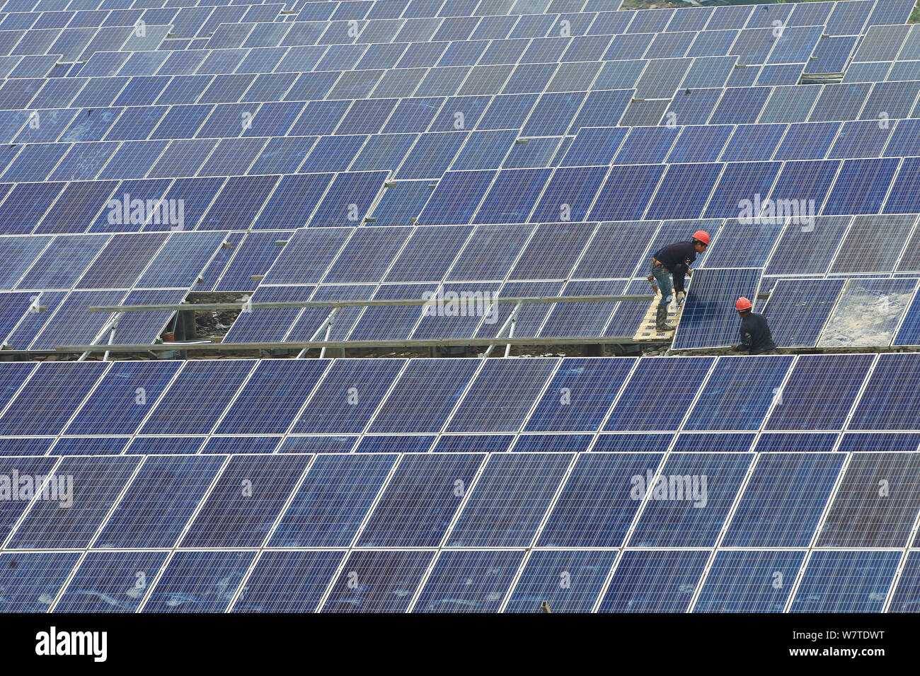 --FILE--Chinese workers install solar panels at a photovoltaic power ...