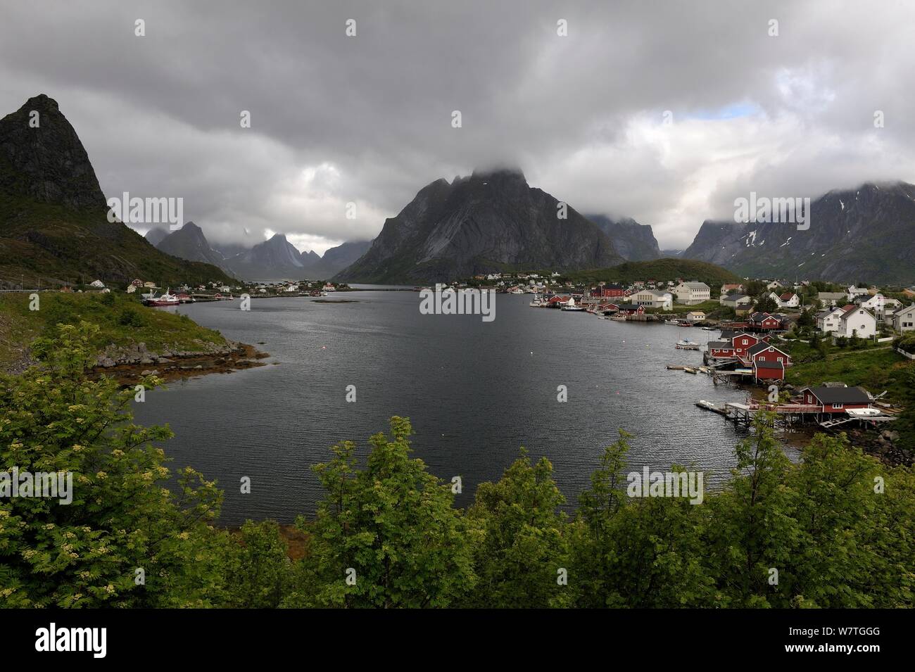 View across the harbour and mountains, Norway Sea, Moskenesoya, Lofoten ...