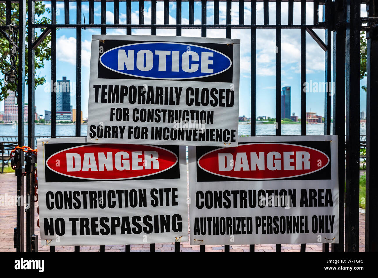 Signs of forbidden to pass and danger for construction works in New ...